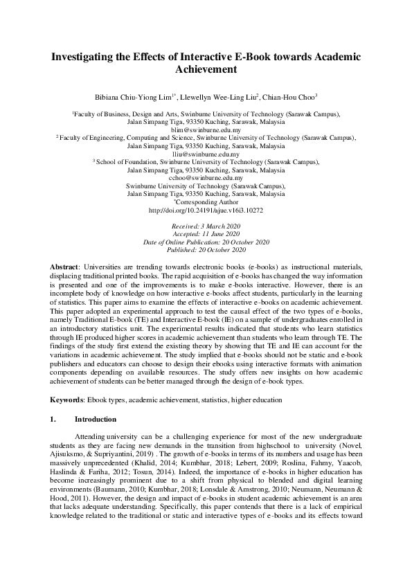 (PDF) Investigating the Effects of Interactive E-Book towards Academic Achievement | Chian Hou ...