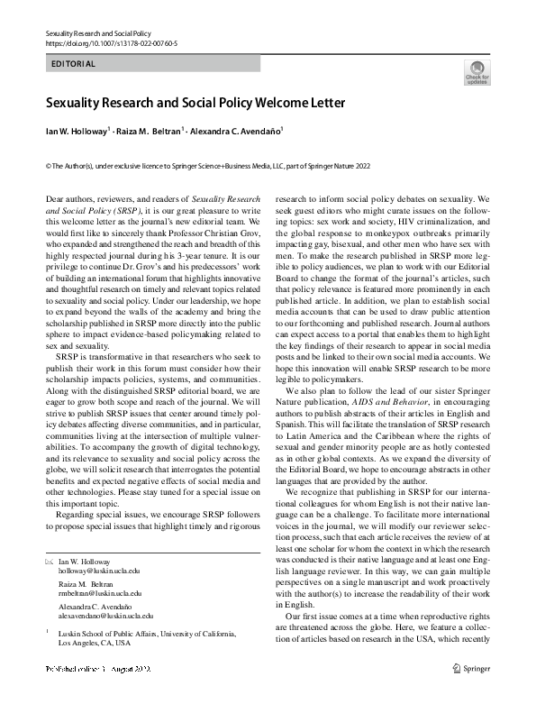 (PDF) Sexuality Research and Social Policy Welcome Letter