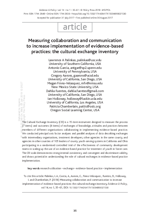 (PDF) Measuring collaboration and communication to increase implementation of evidence-based ...