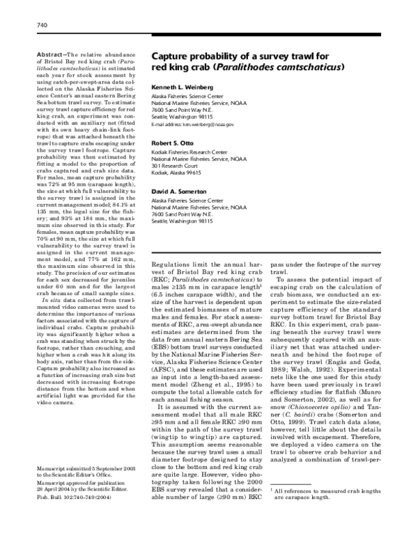 (PDF) Capture probability of a survey trawl for red king crab (Paralithodes camtschaticus ...