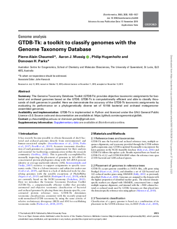 (PDF) GTDB-Tk: a toolkit to classify genomes with the Genome Taxonomy Database | Donovan Parks ...