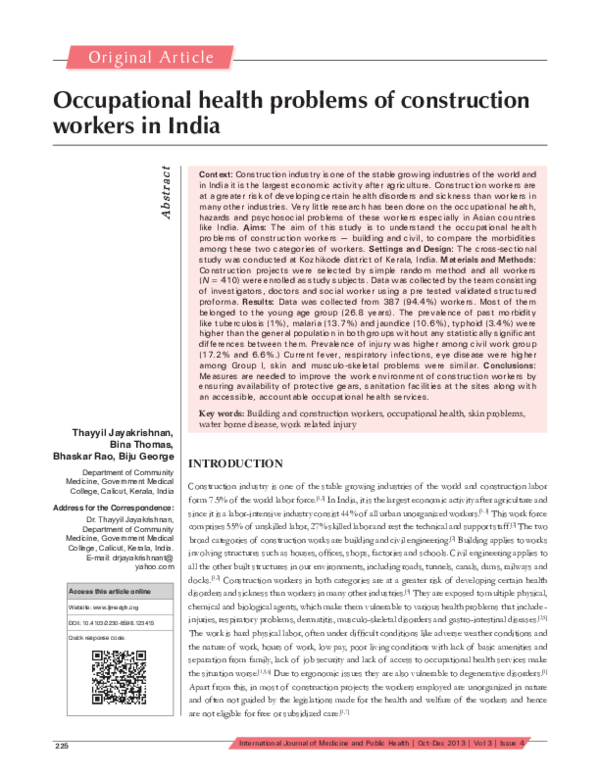 (PDF) Occupational health problems of construction workers in India
