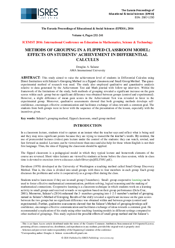 (PDF) Grouping Methods in Flipped Classroom: Impact on Calculus Achievement