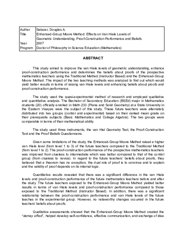 (PDF) Enhanced-Group Moore Method: Effects on Van Hiele Levels of ...