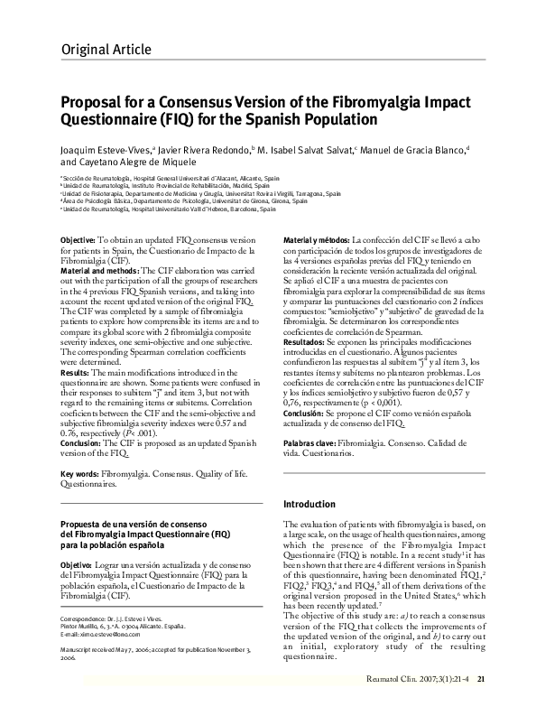 (PDF) Propuesta de una versión de consenso del Fibromyalgia Impact ...