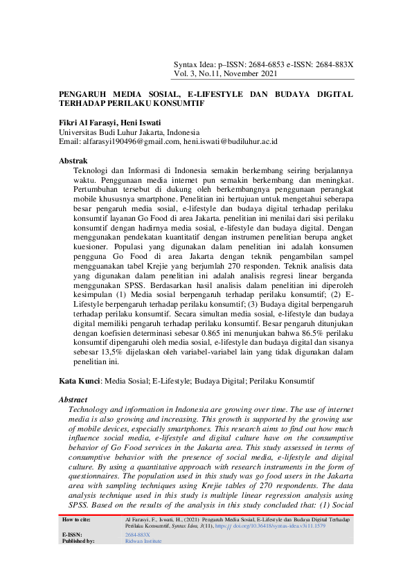 (PDF) Pengaruh Media Sosial, E-Lifestyle dan Budaya Digital Terhadap Perilaku Konsumtif