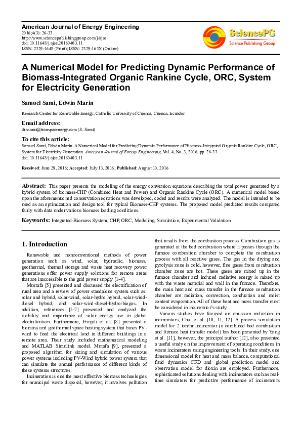 Pdf A Numerical Model For Predicting Dynamic Performance Of Biomass
