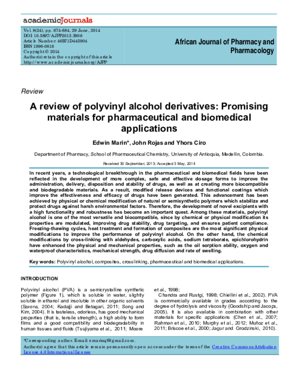 (PDF) A review of polyvinyl alcohol derivatives: Promising materials ...