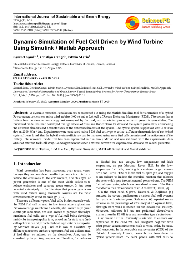 Pdf Dynamic Simulation Of Fuel Cell Driven By Wind Turbine Using Simulink Matlab Approach