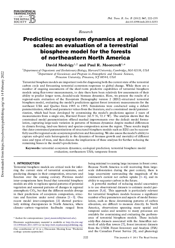(PDF) Predicting ecosystem dynamics at regional scales: an evaluation of a terrestrial biosphere ...