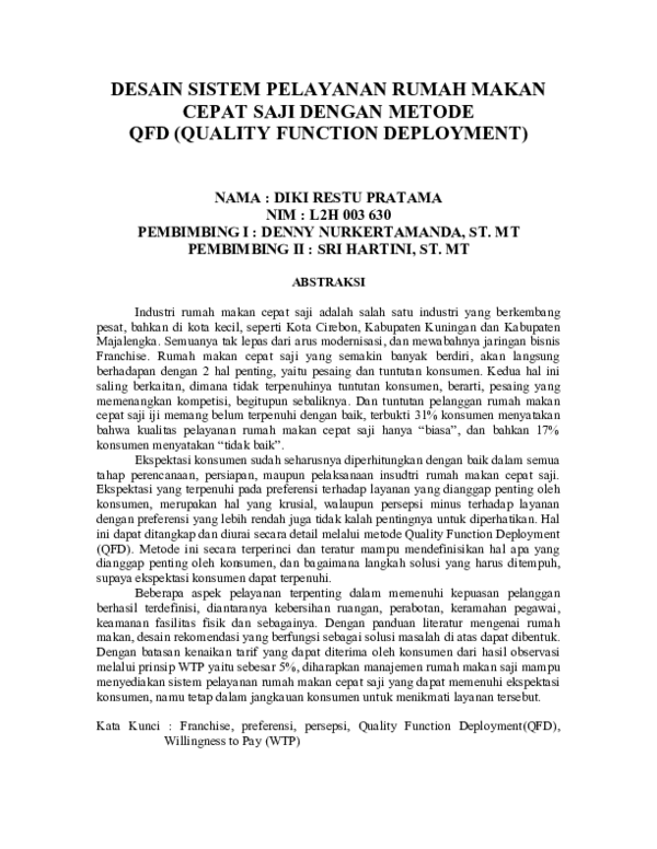 (DOC) Desain Sistem Pelayanan Rumah Makan Cepat Saji dengan Metode QFD ...