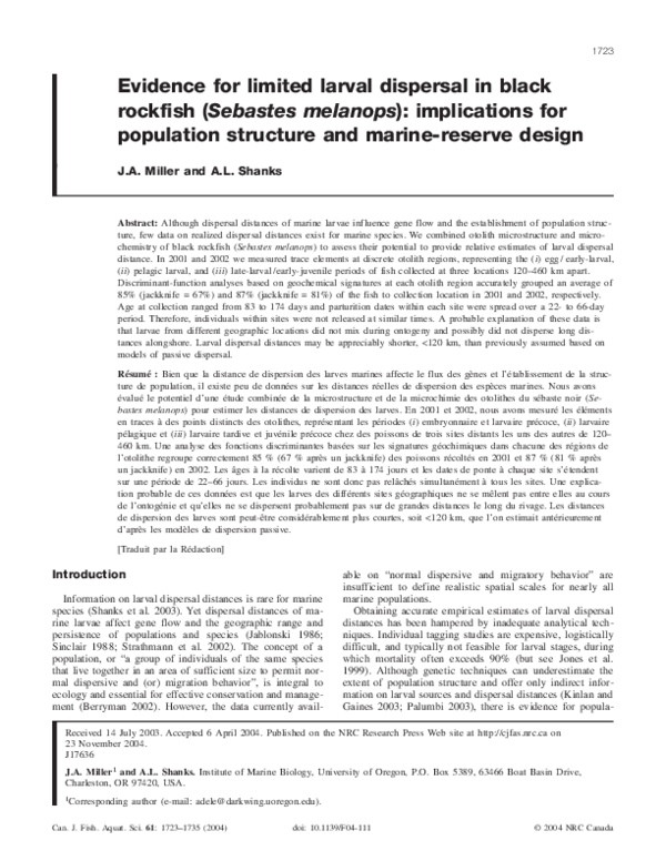 (PDF) Evidence for limited larval dispersal in black rockfish (Sebastes ...
