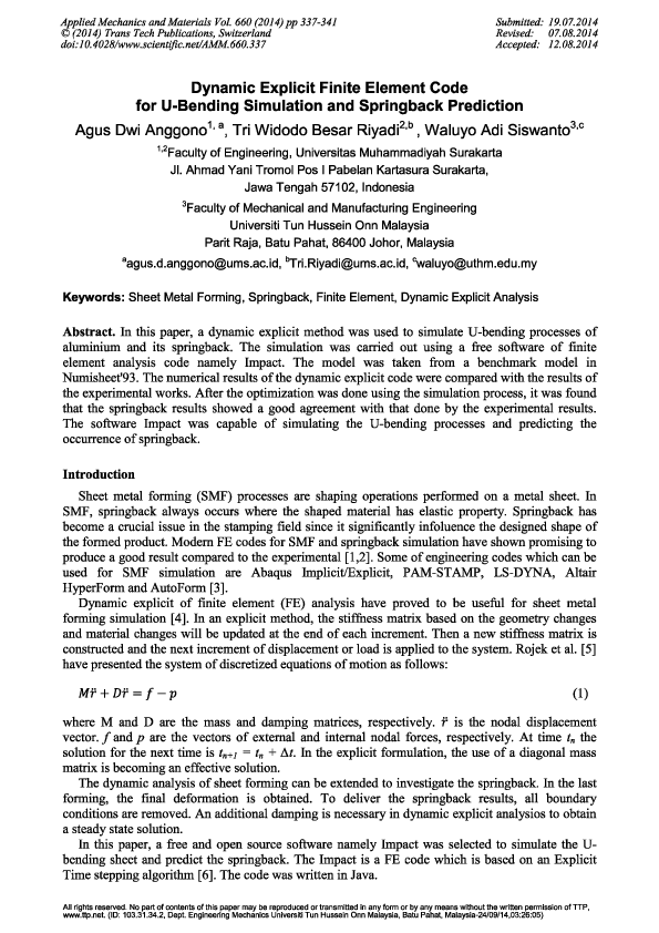 Pdf Dynamic Explicit Finite Element Code For U Bending Simulation And