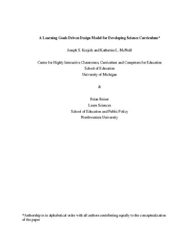 (PDF) A Learning Goals Driven Design Model for Developing Science Curriculum | Brian J. Reiser ...
