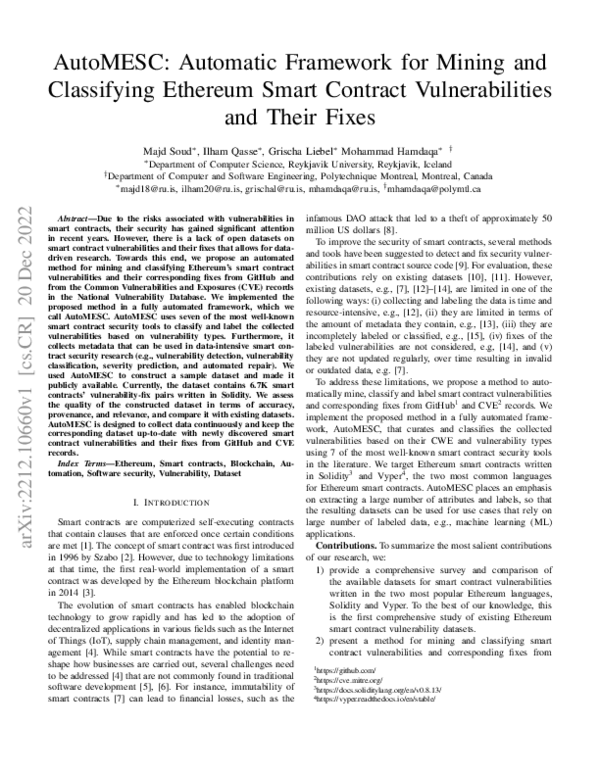 (PDF) AutoMESC: Automatic Framework for Mining and Classifying Ethereum Smart Contract ...