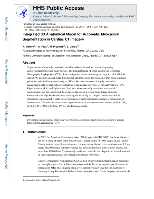 Pdf Integrated 3d Anatomical Model For Automatic Myocardial Segmentation In Cardiac Ct Imagery