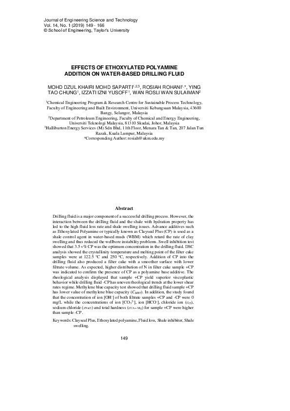 (PDF) Effects of ethoxylated polyamine addition on water-based drilling fluid