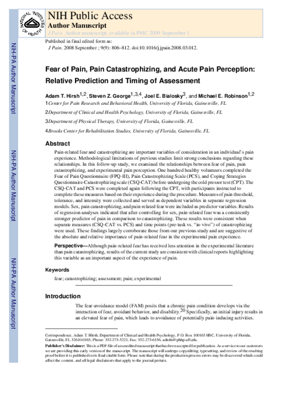 (PDF) Fear of Pain, Pain Catastrophizing, and Acute Pain Perception ...