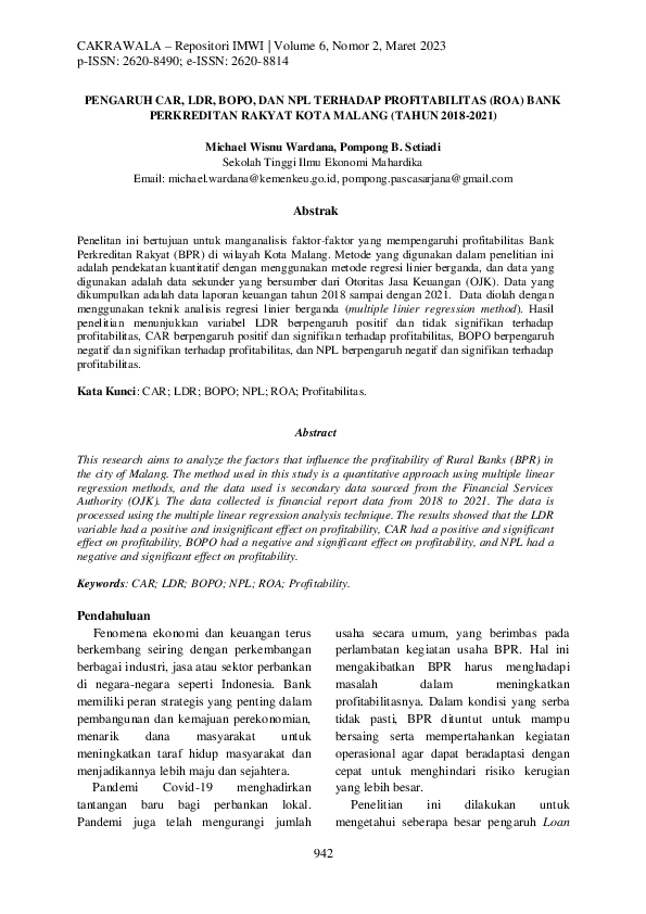 (PDF) Pengaruh CAR, LDR, BOPO, dan NPL Terhadap Profitabilitas (ROA) Bank Perkreditan Rakyat ...