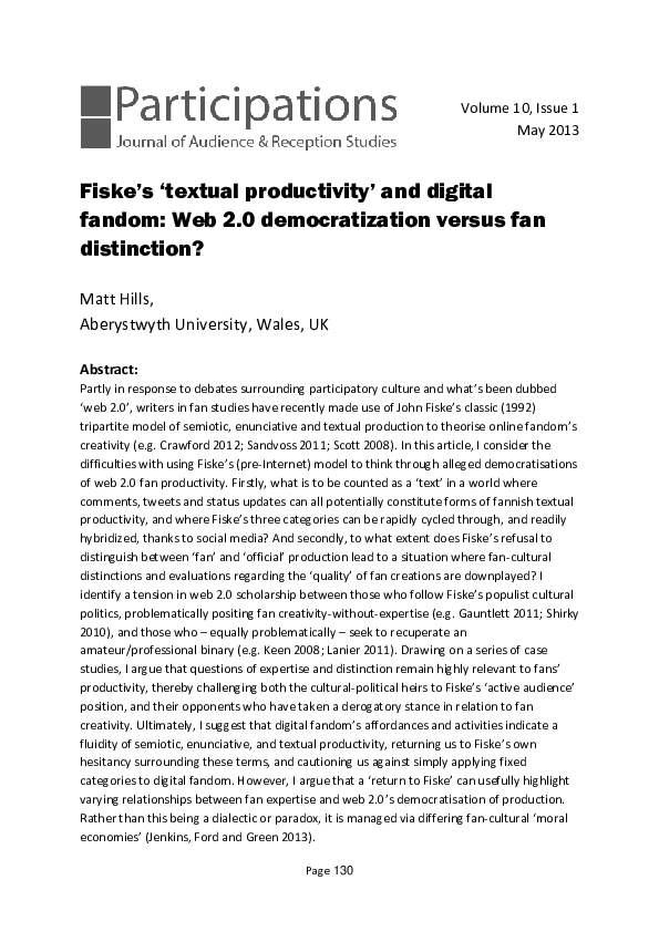 (PDF) Fiske's 'textual productivity' and digital fandom: Web 2.0 ...