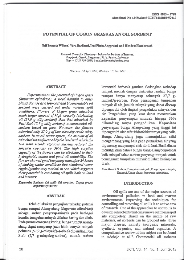 (PDF) Potential of Cogon Grass as an Oil Sorbent