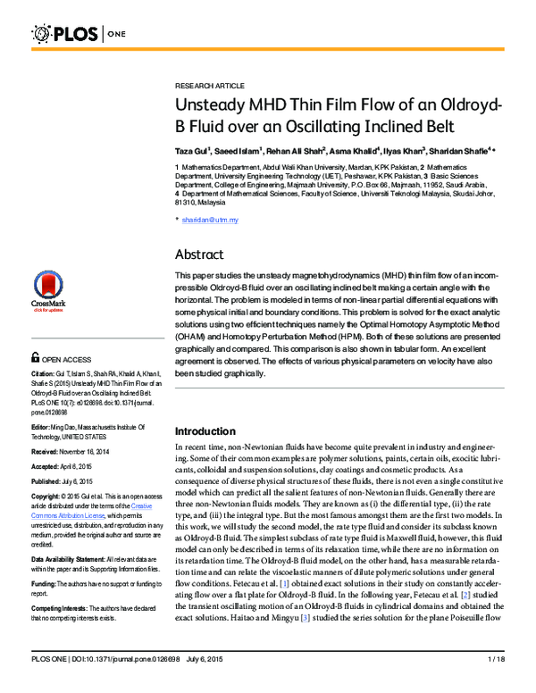 (PDF) Unsteady MHD Thin Film Flow of an Oldroyd-B Fluid over an Oscillating Inclined Belt ...