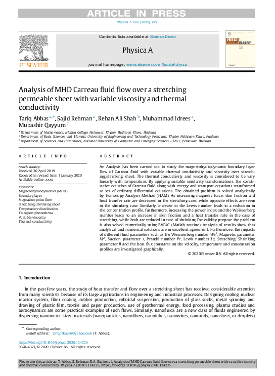 (PDF) Analysis of MHD Carreau fluid flow over a stretching permeable sheet with variable ...