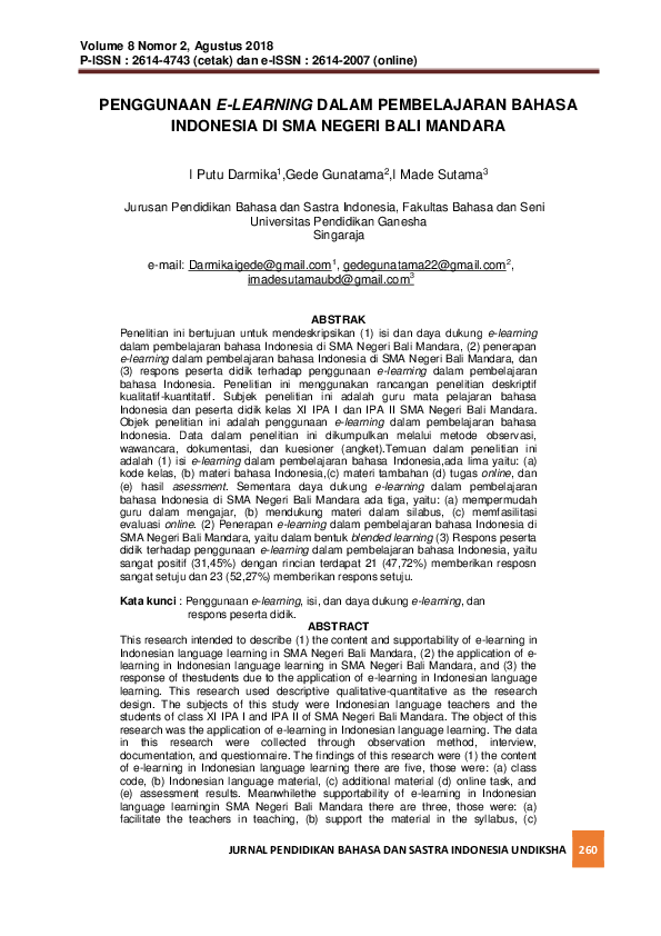 (PDF) Penggunaan E-Learning Dalam Pembelajaran Bahasa Indonesia DI Sma Negeri Bali Mandara | I ...