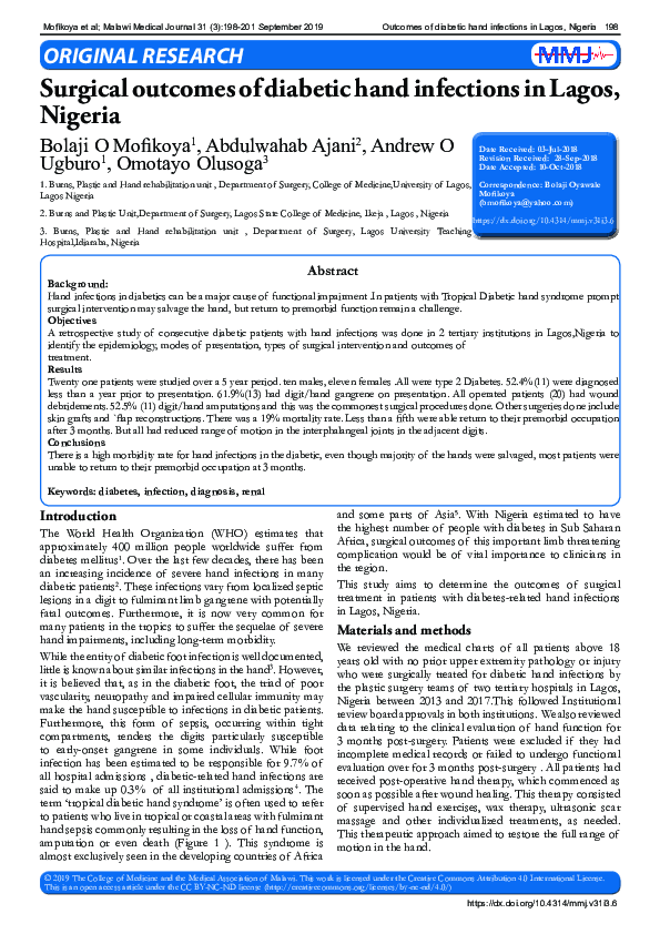 (PDF) Surgical outcomes of diabetic hand infections in Lagos, Nigeria