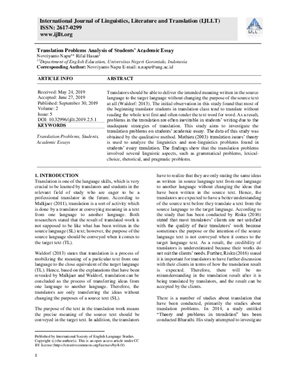 (PDF) Translation Problems Analysis of Students’ Academic Essay
