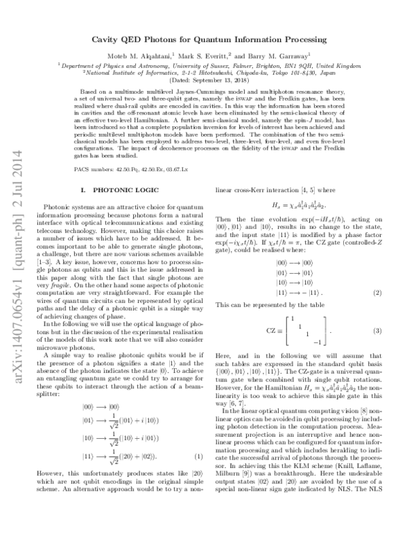 (PDF) Cavity QED photons for quantum information processing