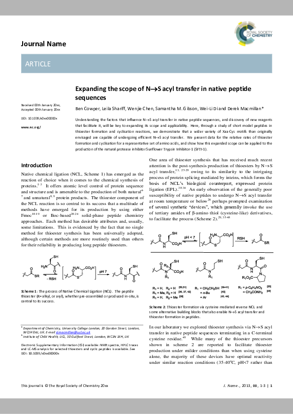 (PDF) Expanding the scope of N → S acyl transfer in native peptide ...