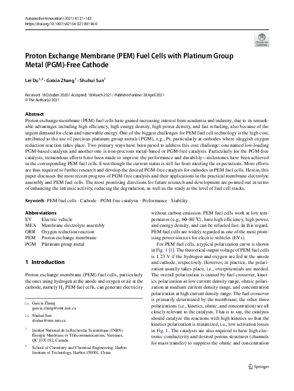 (PDF) Proton Exchange Membrane (PEM) Fuel Cells with Platinum Group ...