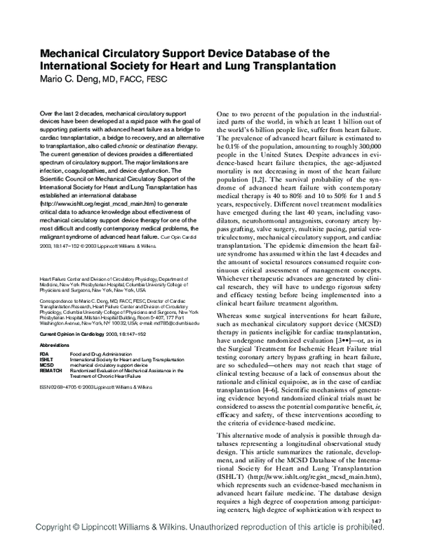(PDF) Mechanical Circulatory Support Device Database of the International Society for Heart and ...