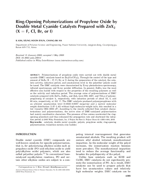 (PDF) Ring-opening polymerizations of propylene oxide by double metal cyanide catalysts prepared ...