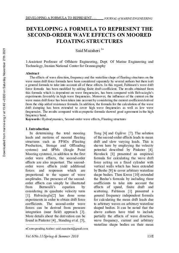 (PDF) Developing a Formula to Represent the Second-Order Wave Effects ...