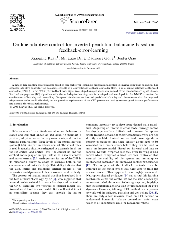 (PDF) On-line adaptive control for inverted pendulum balancing based on feedback-error-learning