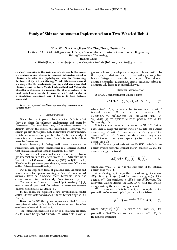 (PDF) Study of Skinner Automaton Implemented on a Two-Wheeled Robot