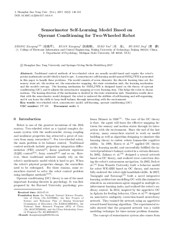 (PDF) Sensorimotor self-learning model based on operant conditioning for two-wheeled robot