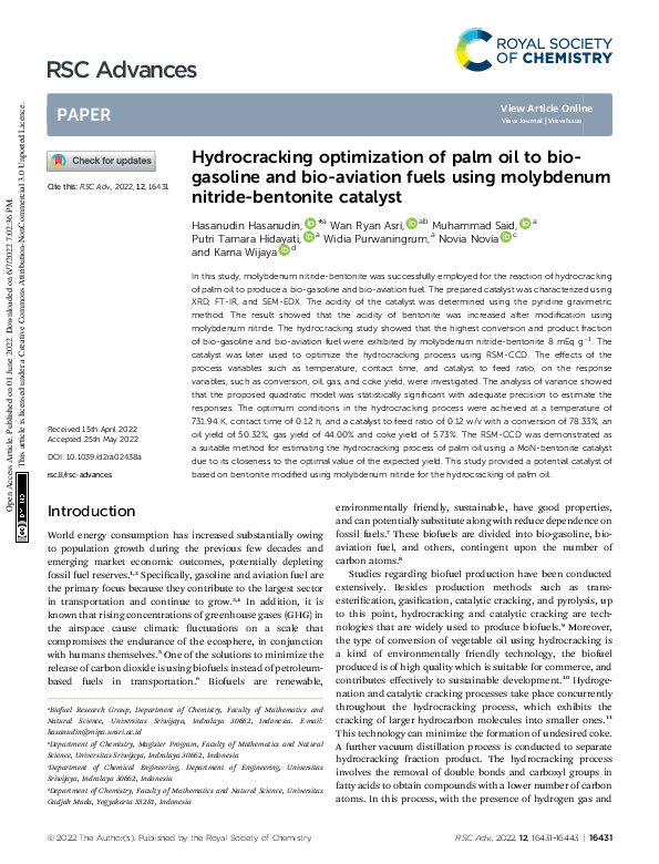 (PDF) Hydrocracking optimization of palm oil to bio-gasoline and bio-aviation fuels using ...
