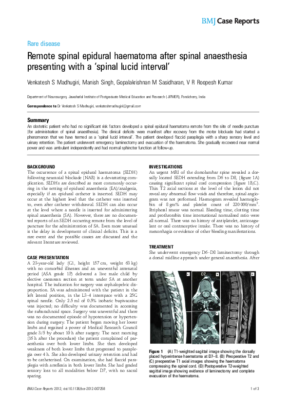 (PDF) Remote Spinal Epidural Haematoma with 'Spinal Lucid Interval'