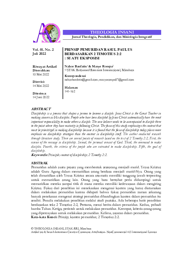 (PDF) Prinsip Pemuridan Rasul Paulus berdasarkan 2 Timotius 2:2: Suatu Eksposisi