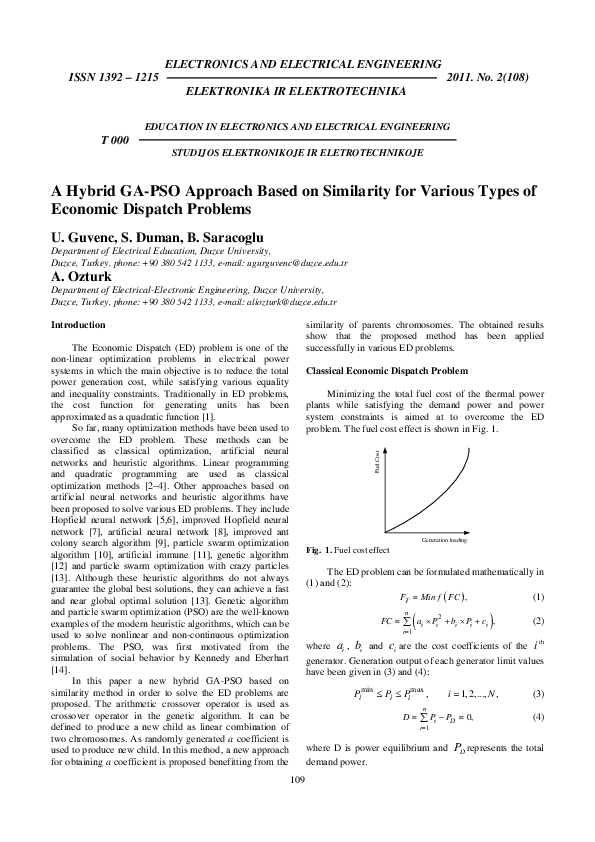 (PDF) A Hybrid GA-PSO Approach Based on Similarity for Various Types of Economic Dispatch Problems
