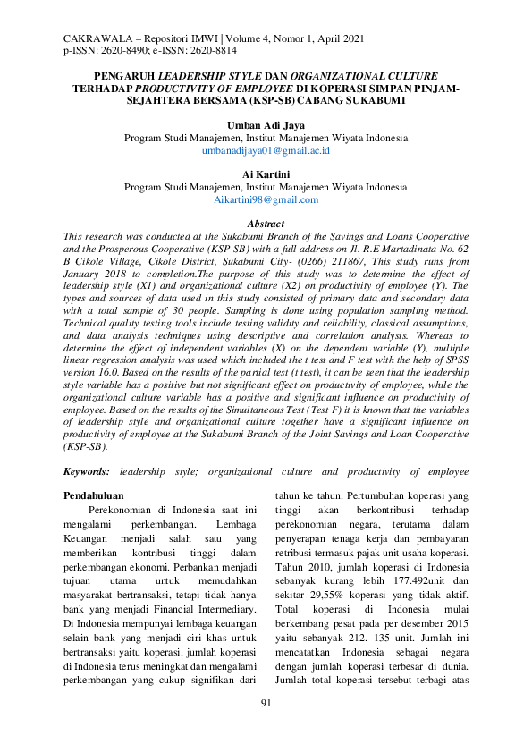 (PDF) Pengaruh Leadership Style dan Organizational Culture terhadap Productivity Of Employee di ...