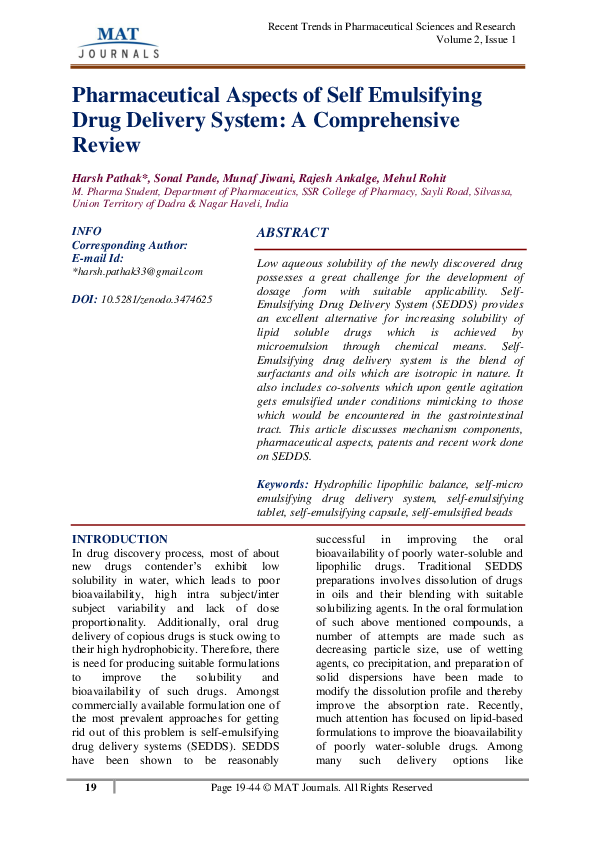 (PDF) Pharmaceutical Aspects of Self Emulsifying Drug Delivery System ...