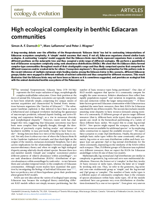 (PDF) High ecological complexity in benthic Ediacaran communities