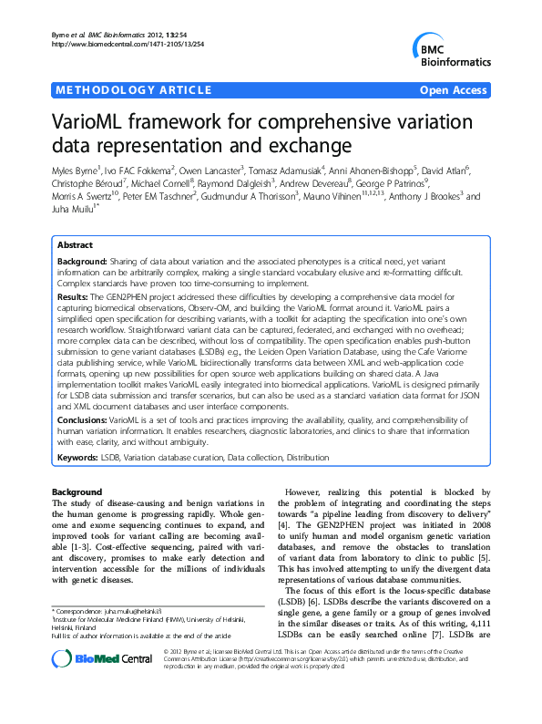 (PDF) VarioML framework for comprehensive variation data representation and exchange