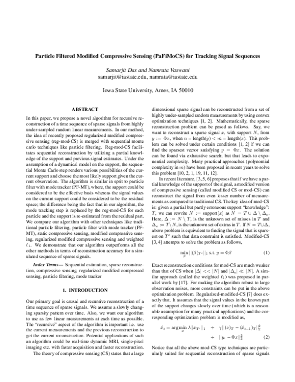 (PDF) Particle Filtered Modified Compressive Sensing (PaFiMoCS) for tracking signal sequences