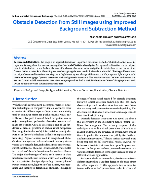 Pdf Obstacle Detection From Still Images Using Improved Background
