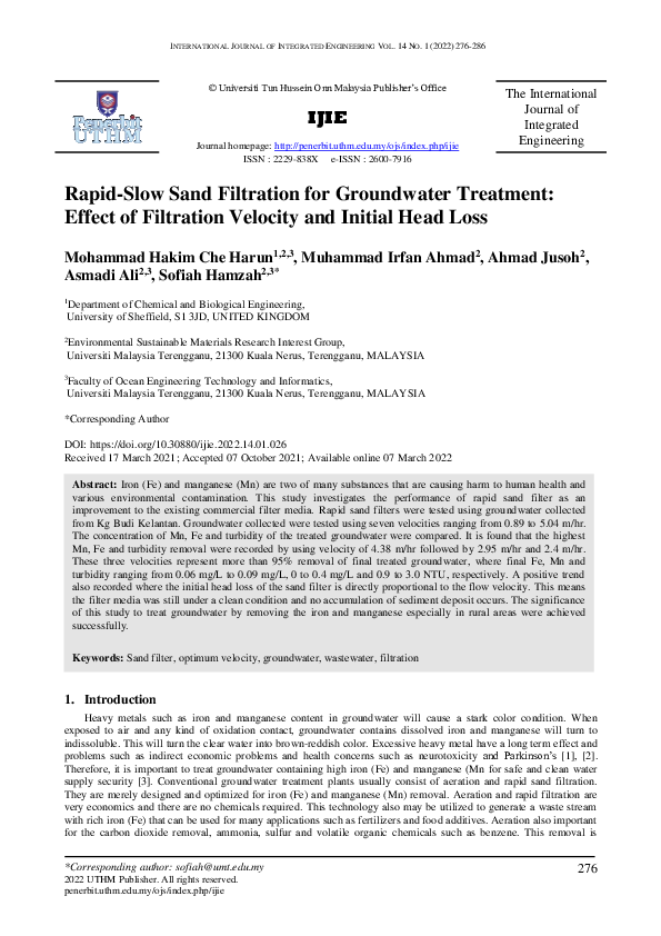 (PDF) Rapid-Slow Sand Filtration for Groundwater Treatment: Effect of ...